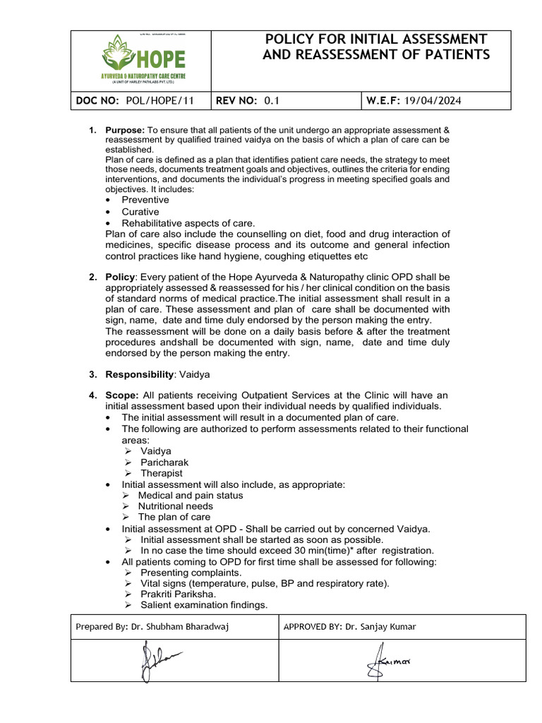 Policy For Initial Assessment | PDF | Patient | Public Services