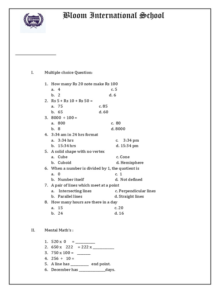 Maths - Class IV Worksheet | PDF | Sphere | Geometry