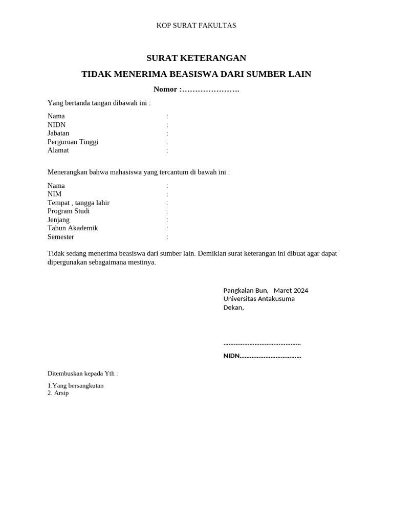 Surat Keterangan Tidak Menerima Beasiswa Lain | PDF