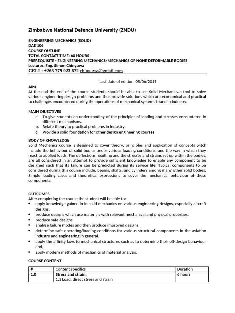Zndu Course Outline Engineering Mechanics | PDF | Bending | Young's Modulus