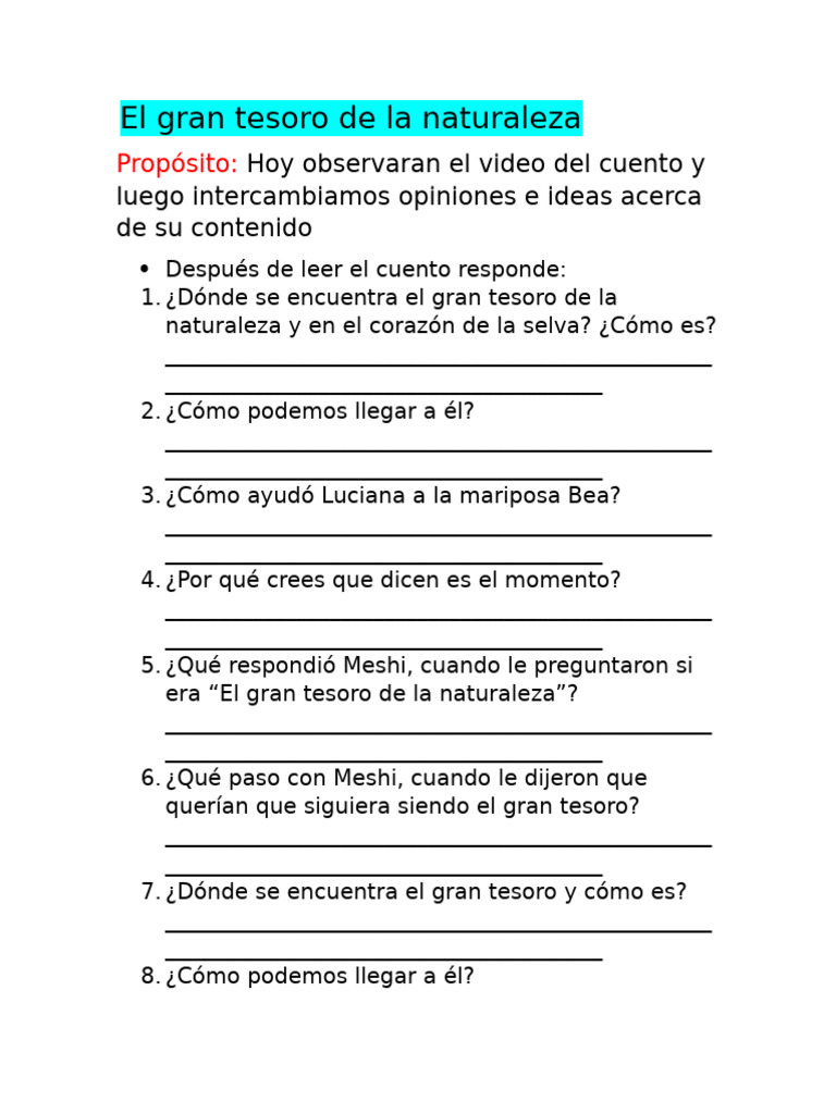 Comprensión del cuento "El gran tesoro" | PDF | Relaciones personales ...