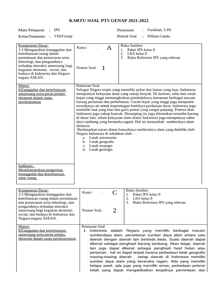 Kartu Soal Pilihan Ganda PTS | PDF