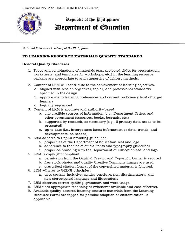 Enclosure No. 2 PD Learning Resource Materials Quality Standards | PDF ...