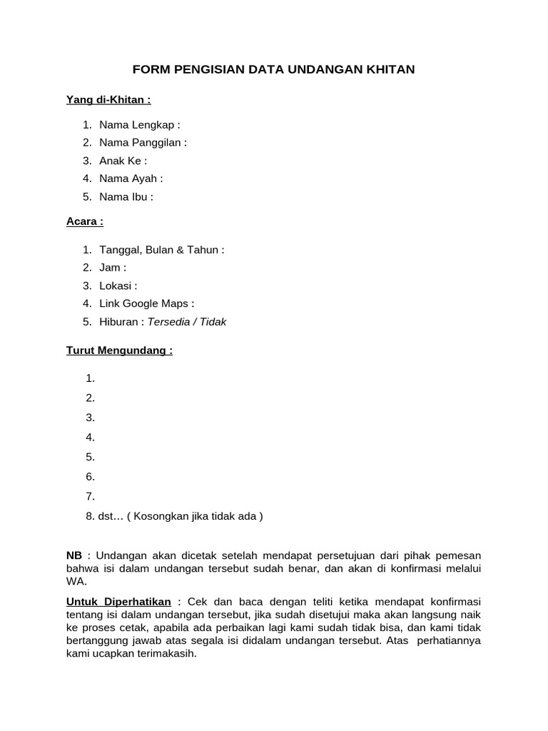 Form Pengisian Data Undangan Khitan | PDF | Kesehatan Holistik