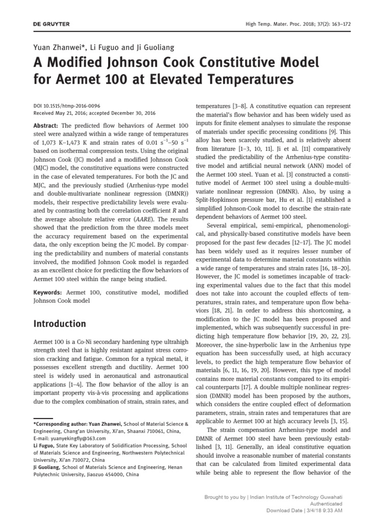 A Modified Johnson Cook Constitutive Model For Aermet 100 at Elevated ...