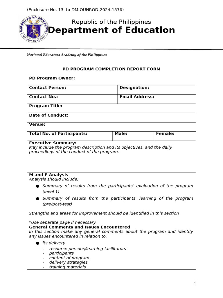 Enclosure No. 13 PD Program Completion Report Form | PDF | Business