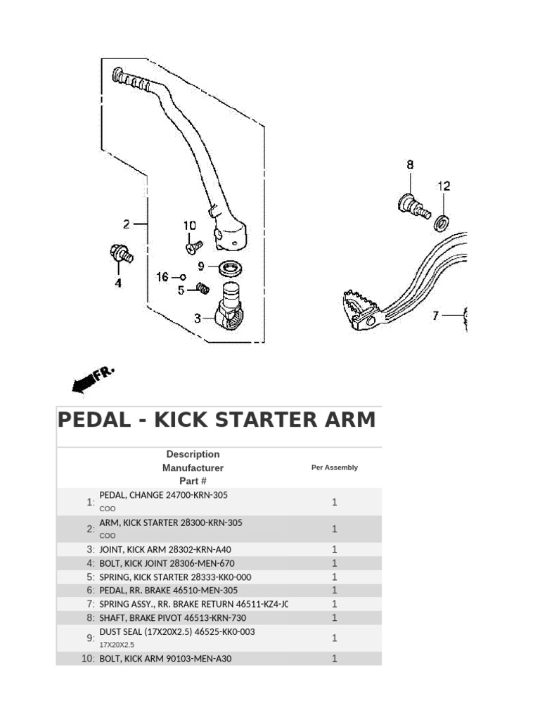 Kick Starter Arm Parts List | PDF