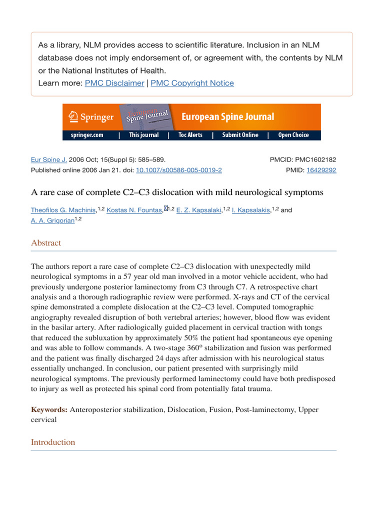 A Rare Case of Complete C2-C3 Dislocation With Mild Neurological ...