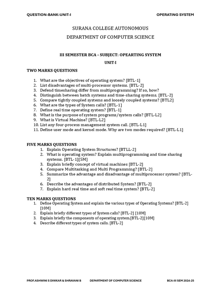 Operating System Unit I Question Bank | PDF