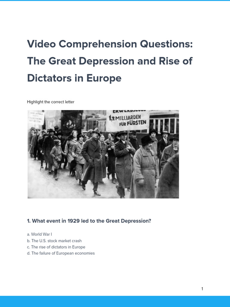 Grade 9 History Great Depression Video Questions | PDF