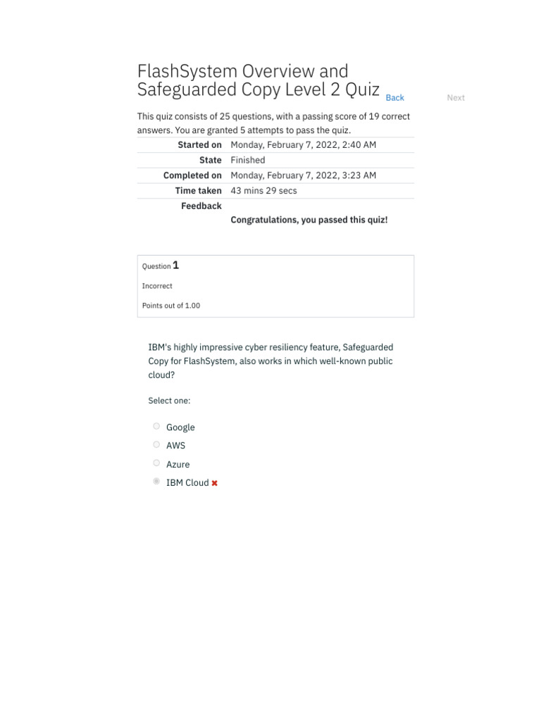 FlashSystem Overview and Safeguarded Copy Level 2 Quiz - Attempt Review - El | PDF | Solid State ...