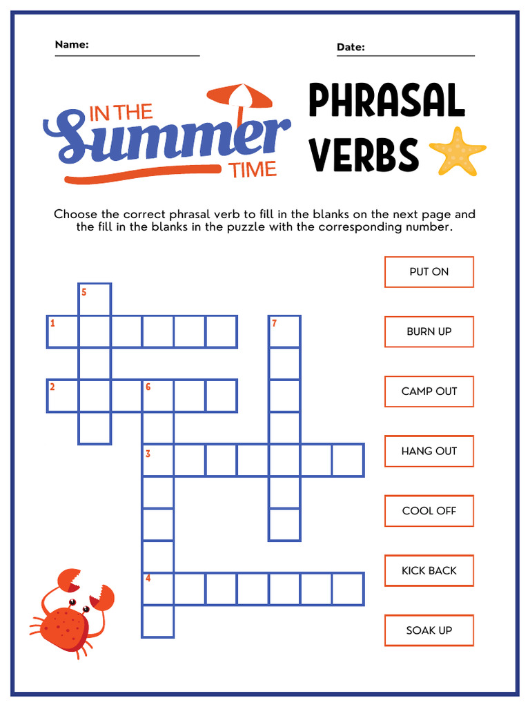 Color and Greyscale Summer Phrasal Verbs Crossword Puzzle Printable ...