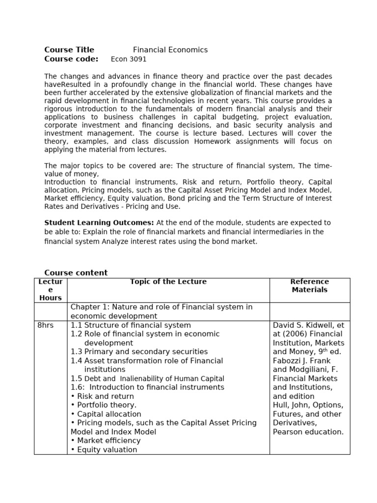 Course Title Financial Economics | PDF | Financial Economics ...