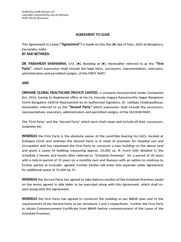 Agreement To Lease-Dr. Paramesh - Clean Version - 2 | PDF | Lease | Leasehold Estate