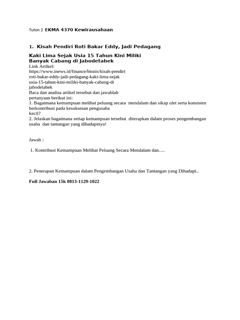 Tuton 2 EKMA 4370 Kewirausahaan | PDF | Karier & Perkembangan | Pengelolaan Keuangan & Uang