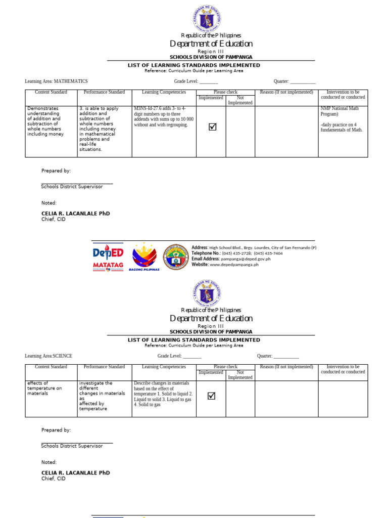 Grade 3 Learning-Standards-Implemented | PDF | Learning