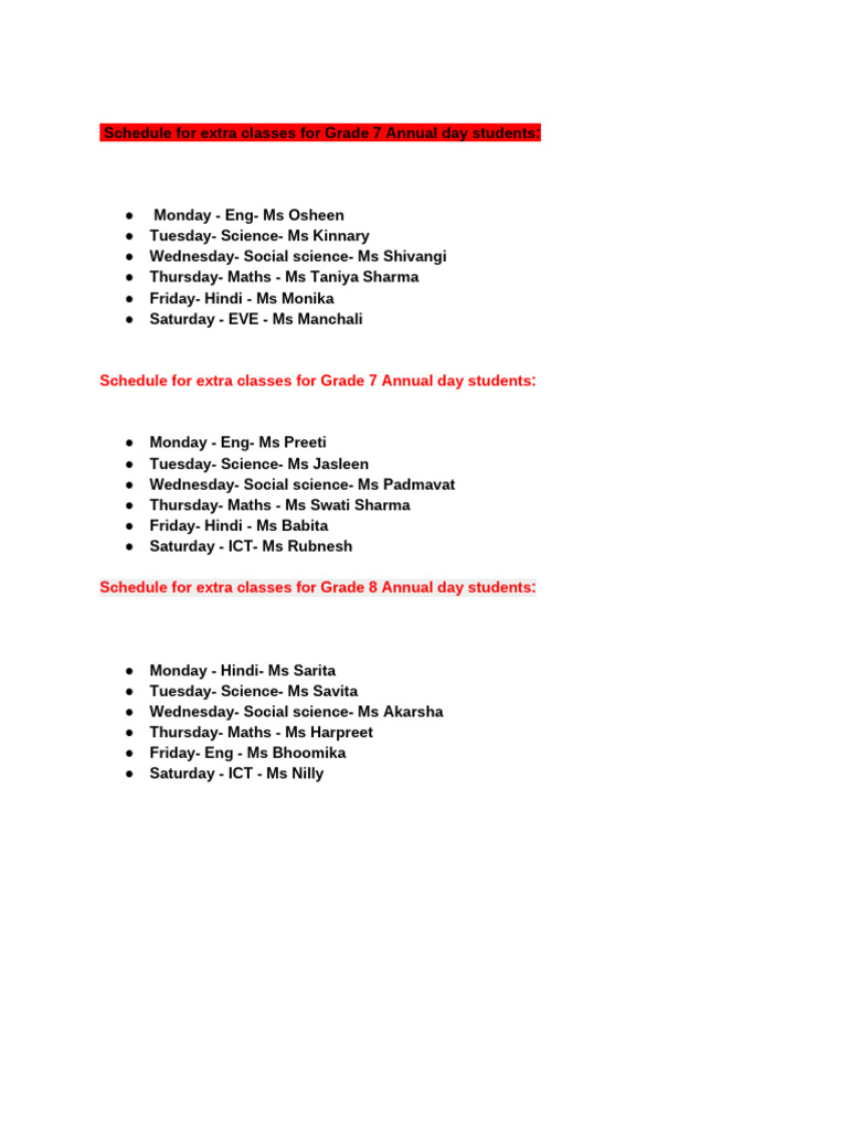 Extra Class Schedule Pdf 9638