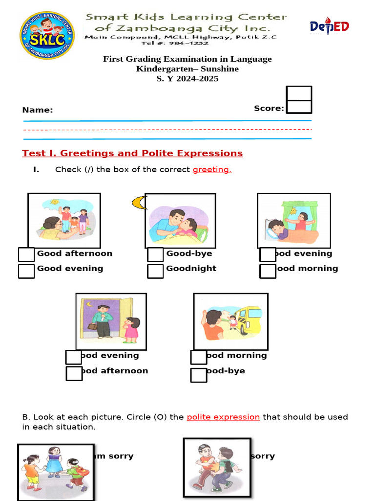 Kindergarten Language Exam: Greetings & Nouns | PDF