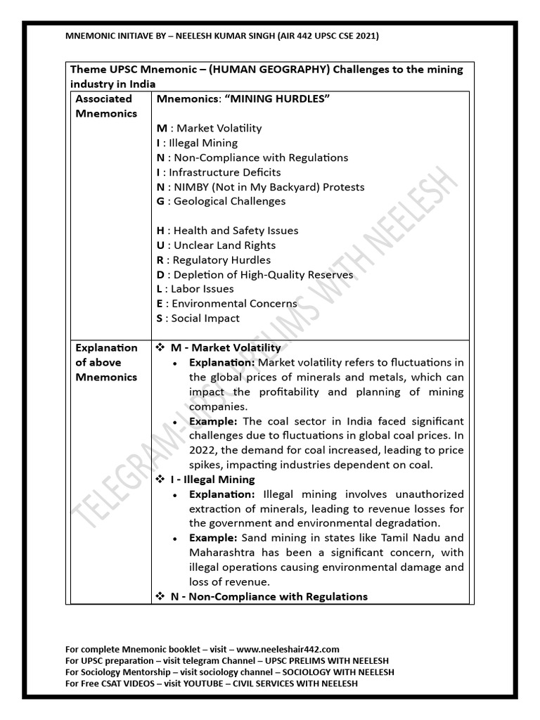 Theme UPSC Mnemonic - HUMAN GEOGRAPHY | PDF | Mining | Occupational ...