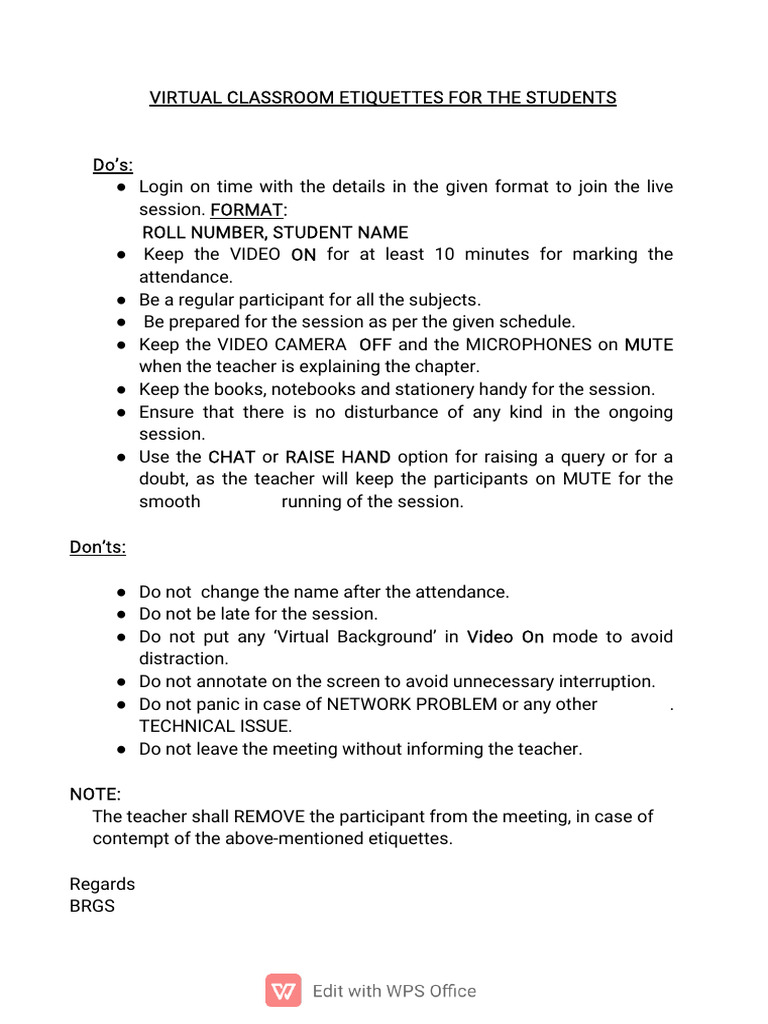 Virtual Classroom Etiquettes For The Students | PDF