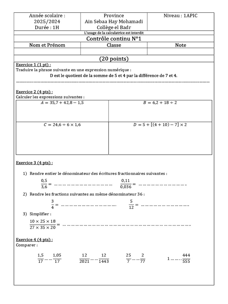 Controle Continu N°1 S1 2025 2024 FINAL | PDF