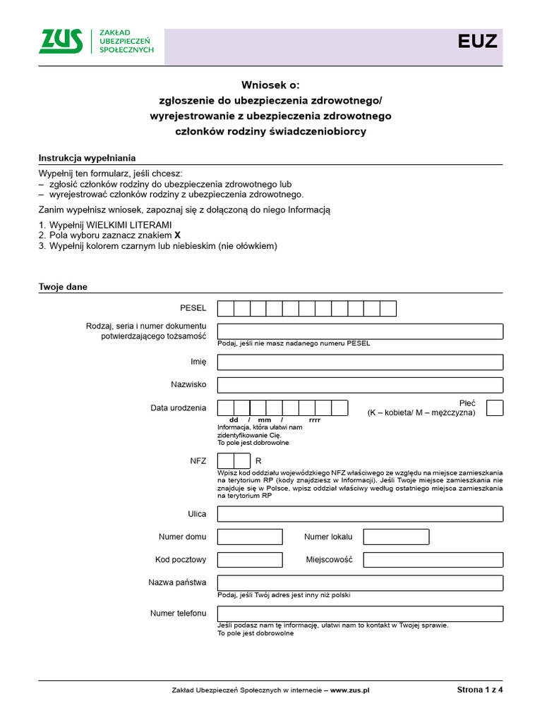Zus Euz Wniosek o Zgloszenie Do Ubezpieczenia Zdrowotnego Wyr | PDF