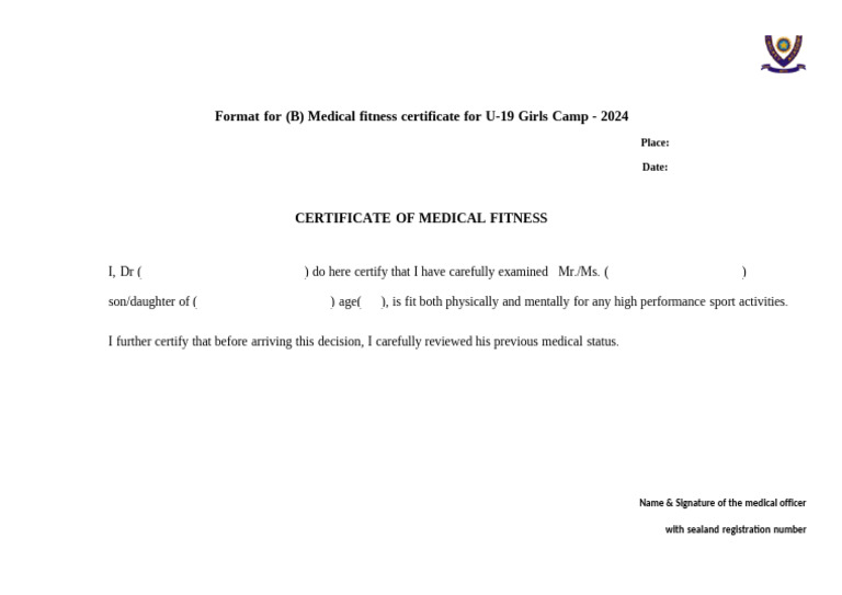 Format For Medical Fitness Certificate - Doctor U-19 Girls | PDF
