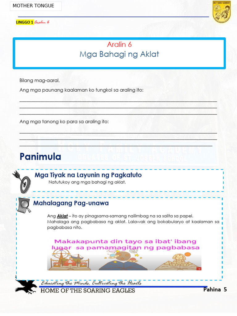 Mga Bahagi NG Aklat MOTHER TONGUE 3 Module | PDF