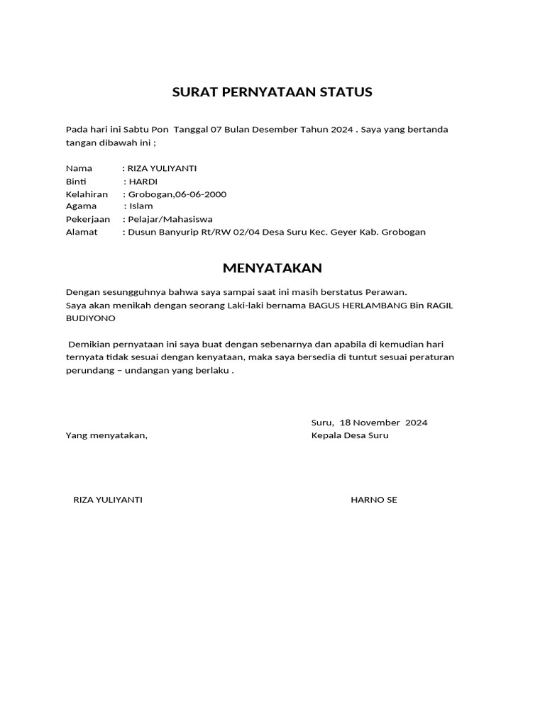 Surat Pernyataan Status Perawan Riza Yuliyanti | PDF