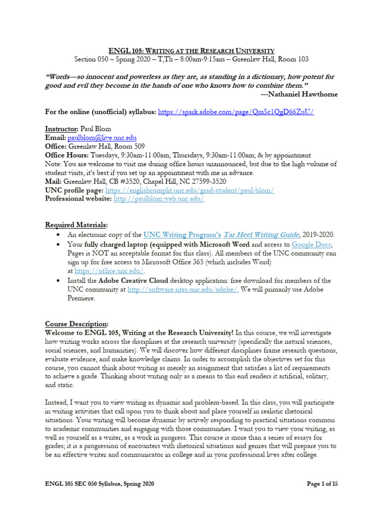 ENGL 105 Writing Syllabus Spring 2020 | PDF | Discrimination | Harassment