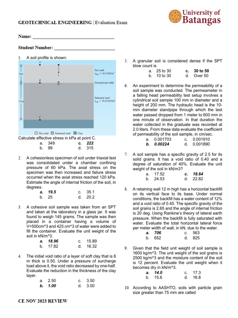 GEOTECH Evaluation Exam With Answer Key | PDF | Aquifer | Earth Sciences