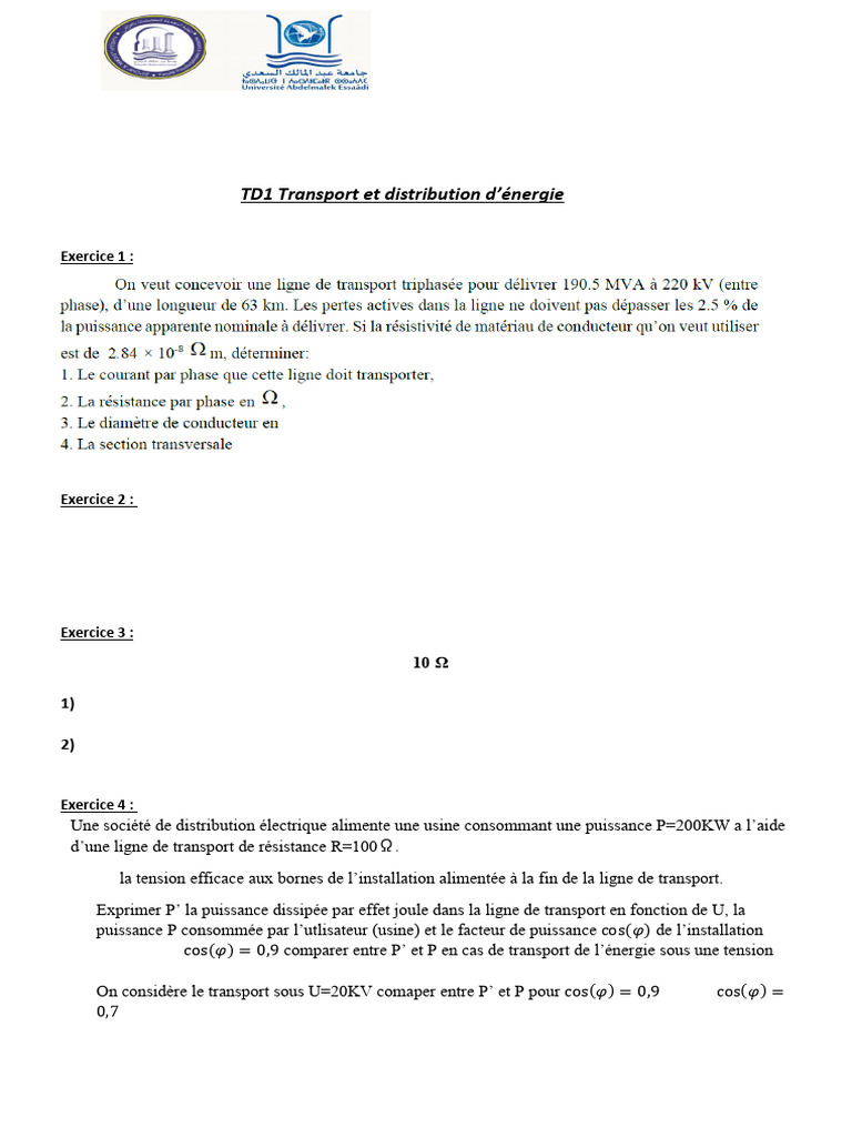 TD1 Transport Et Distribution | PDF | Puissance (physique) | Transformateur électrique