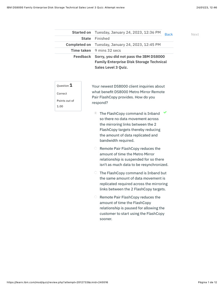 IBM DS8000 Family Enterprise Disk Storage Technical Sales Level 3 Quiz Attempt Review PDF | PDF ...