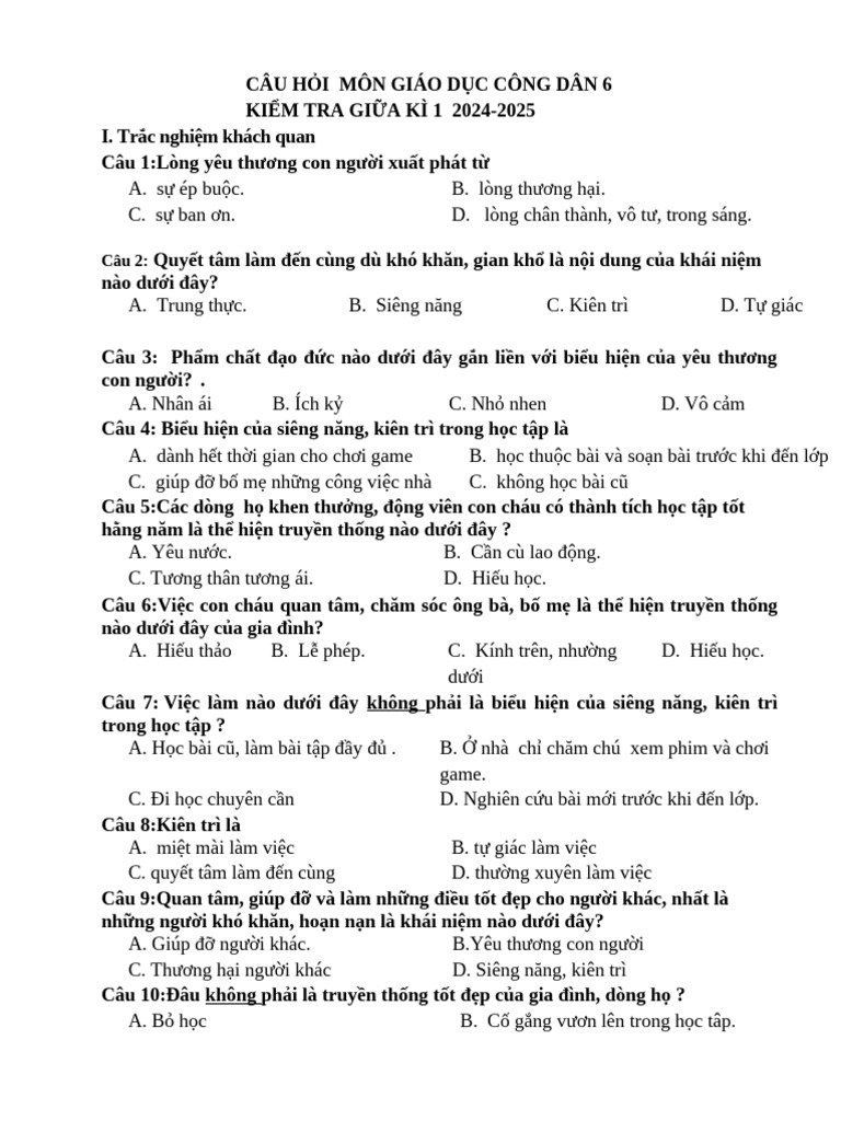 Câu hỏi ôn tập GDCD 6 giưa ki 1 24-25 | PDF
