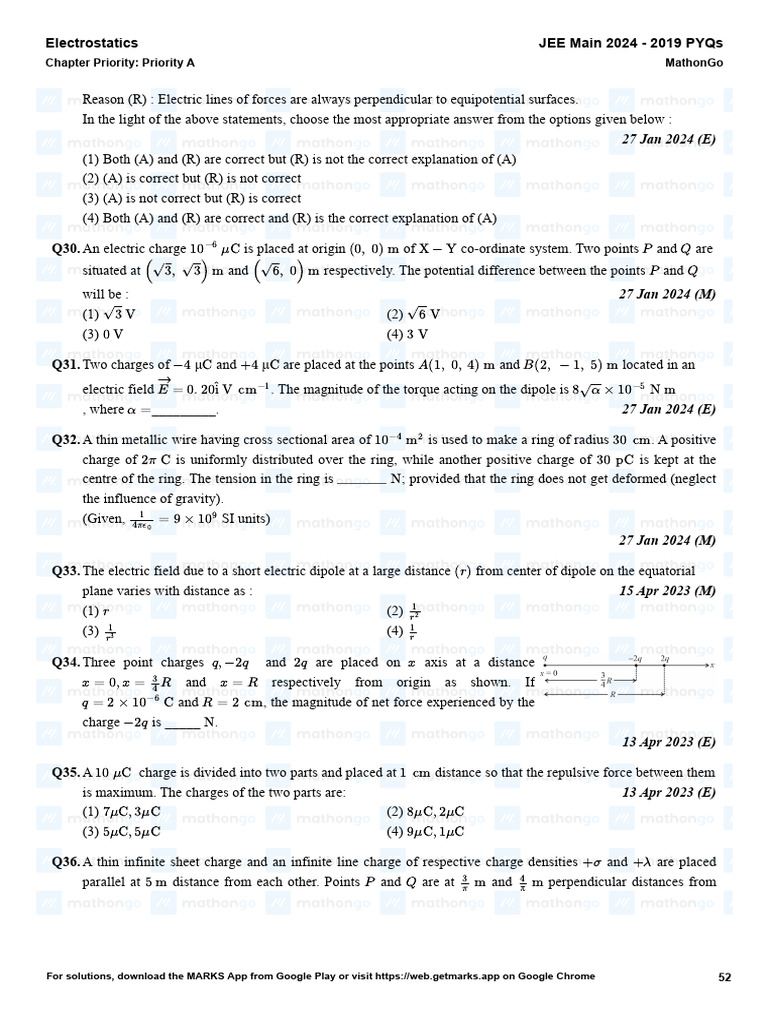 Physics - Priority A Chapters PYQs (JEE Main 2024 - 2019) - MathonGo-split | PDF | Electric ...