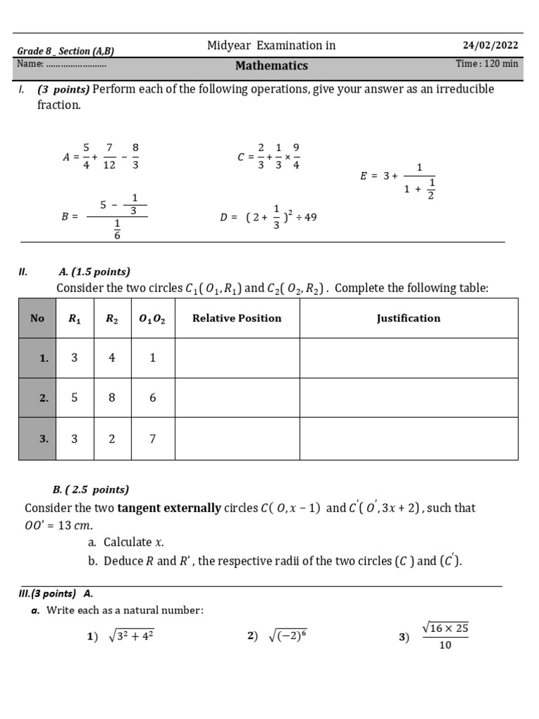Grade 8 Math Midyear Exam 2022 | PDF