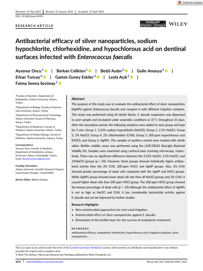 Microscopy Res Technique - 2024 - Oncu - Antibacterial Efficacy of Silver Nanoparticles Sodium ...