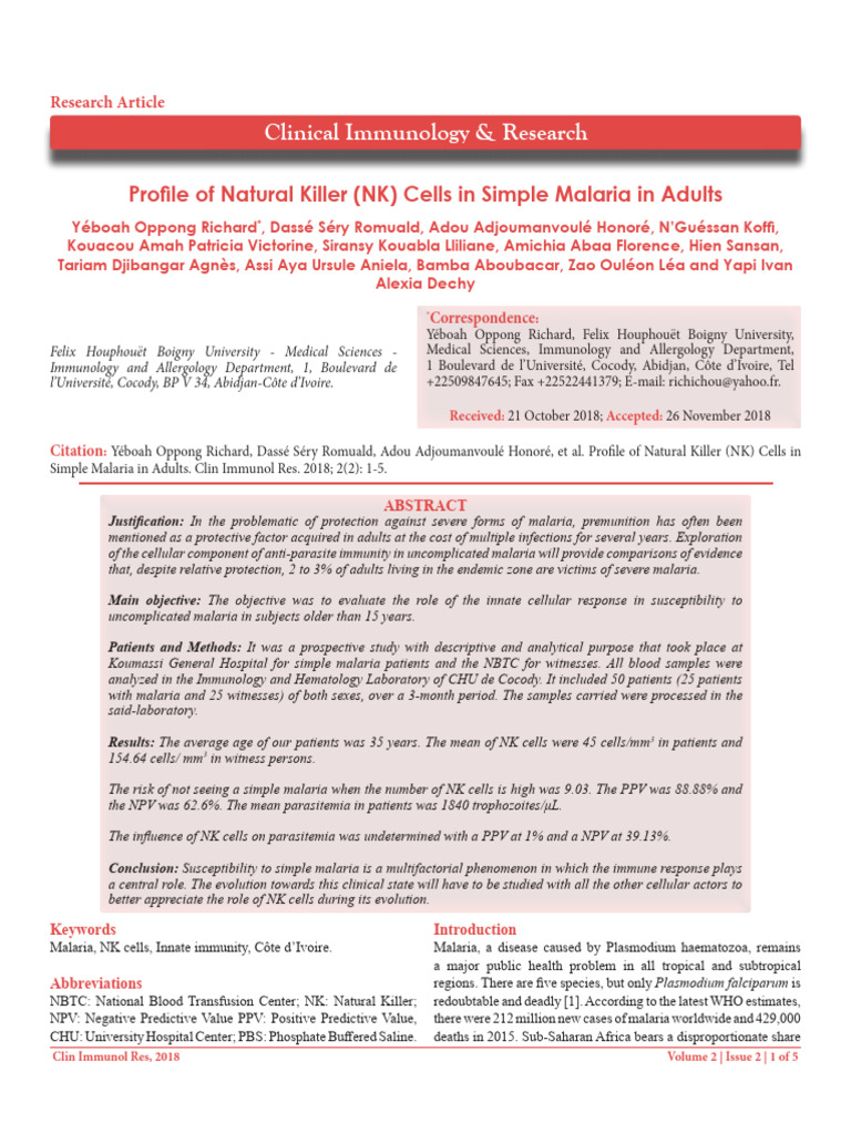 Profile of Natural Killer NK Cells in Simple Malaria in Adults | PDF | Malaria | Natural Killer Cell