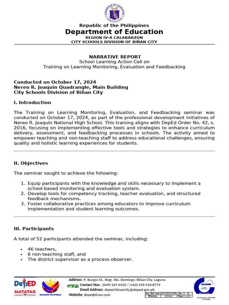 Narrative Report On Slac Monitoring | PDF | Evaluation | Behavior ...