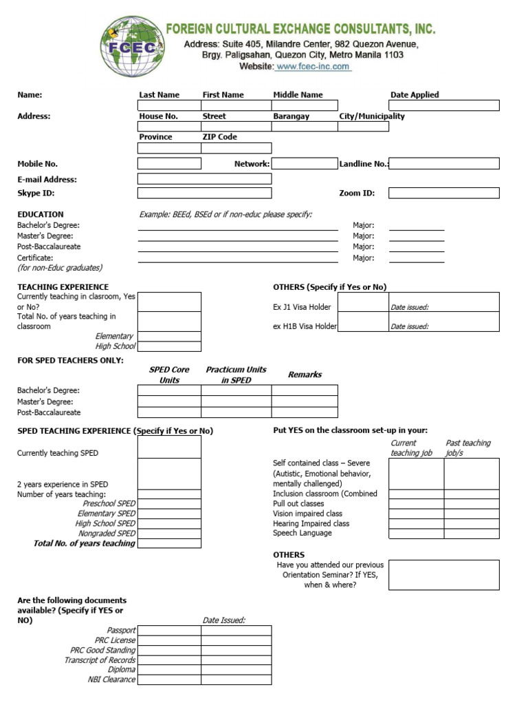 FCEC Application Form - 2024 | PDF