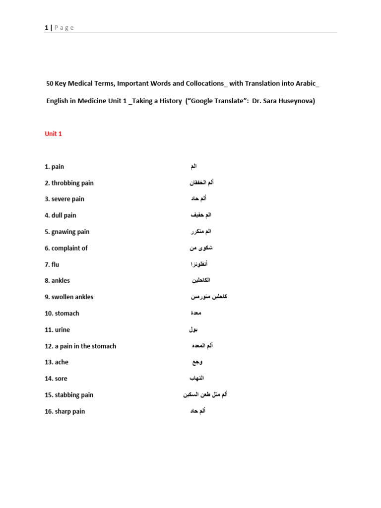 U 1 - 50 Key Medical Terms - Words - Collocations With Translation Into ...