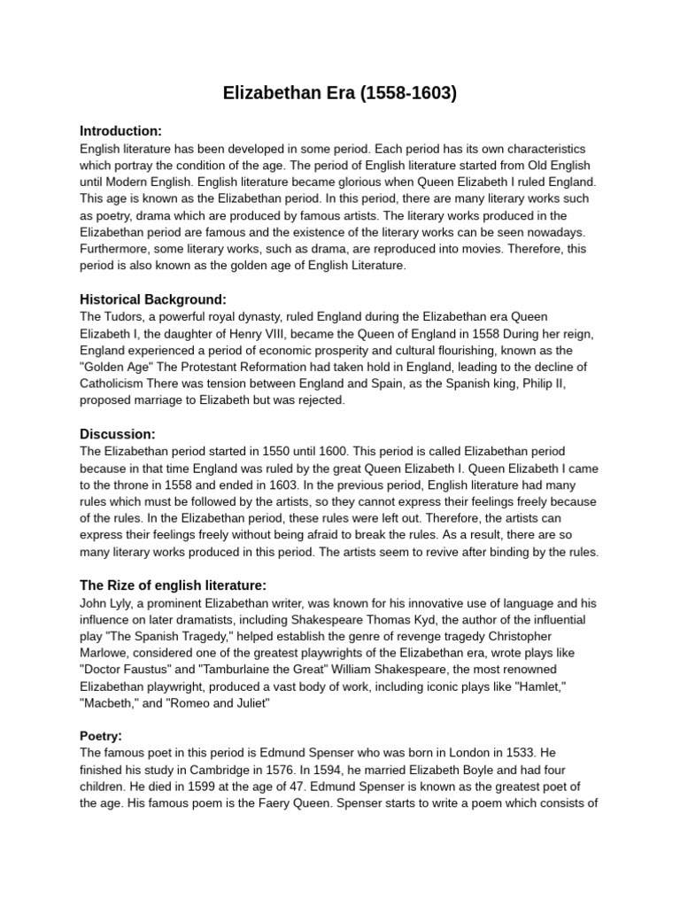 Elizabethan Era (1558-1603) | PDF | William Shakespeare | English ...