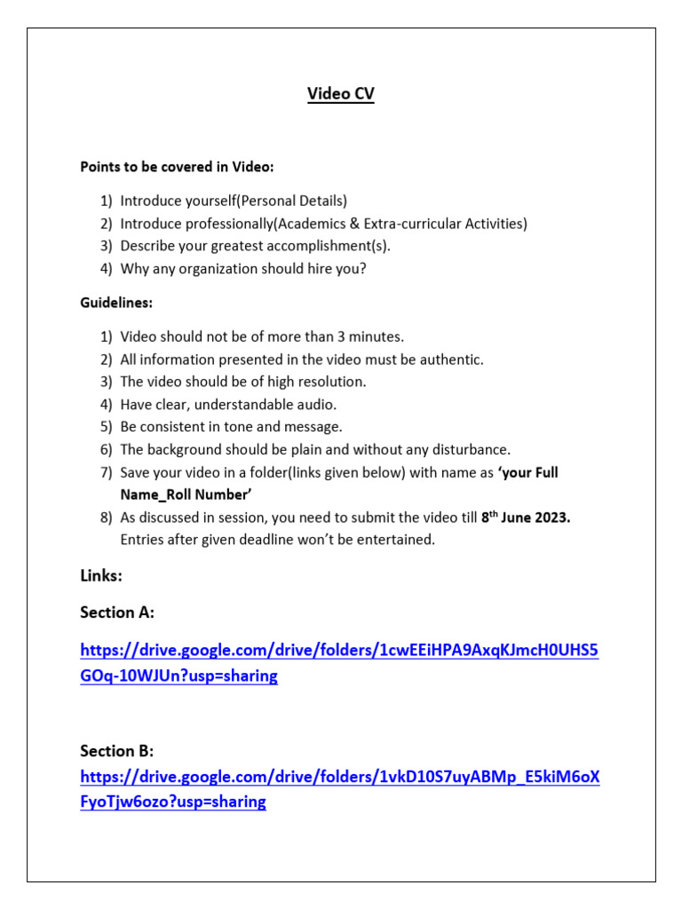Video CV Guidelines - Folder Links | PDF