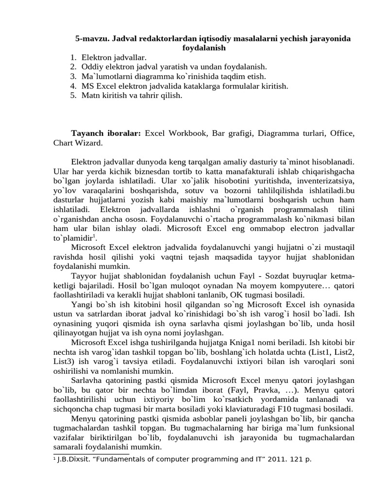 Jadval rеdaktоrlardan iqtisоdiy masalalarni yеchish jarayonida fоydalanish | PDF