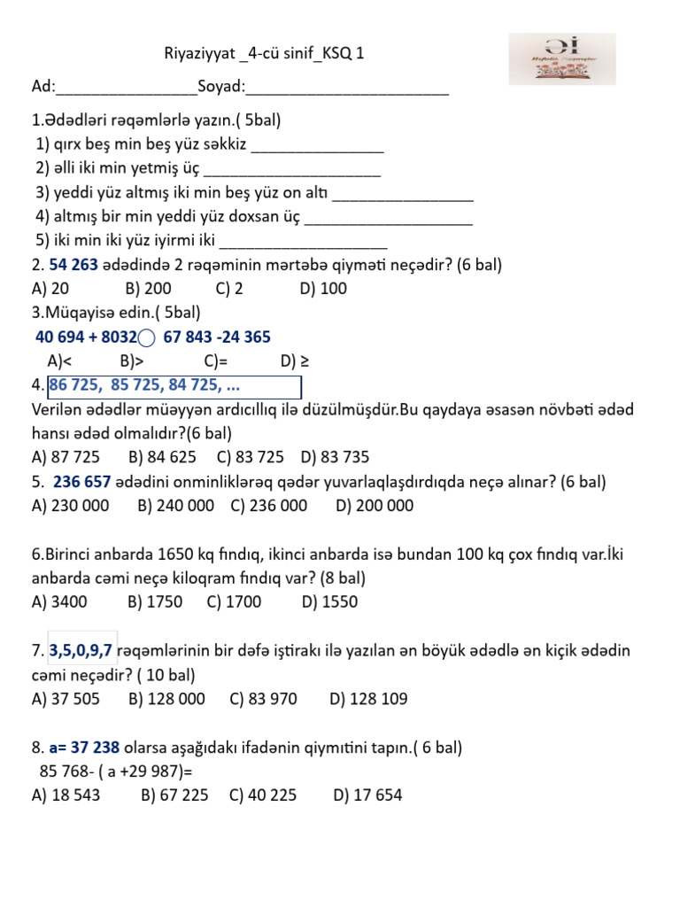 Riyaziyyat 4-Cü Sinif KSQ 1 | PDF