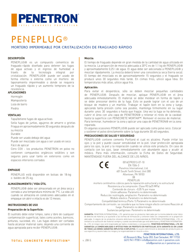 PENEPLUG Data Sheet | PDF | Agua | Mortero (Albañilería)
