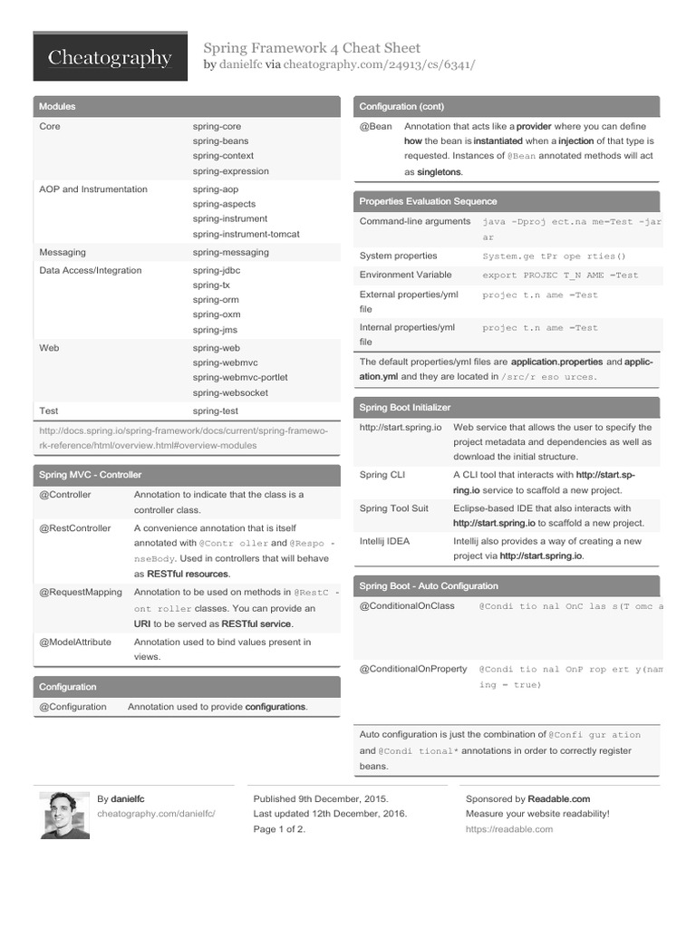 Spring Framework 4 Cheat Sheet Guide | PDF | Spring Framework | Command ...