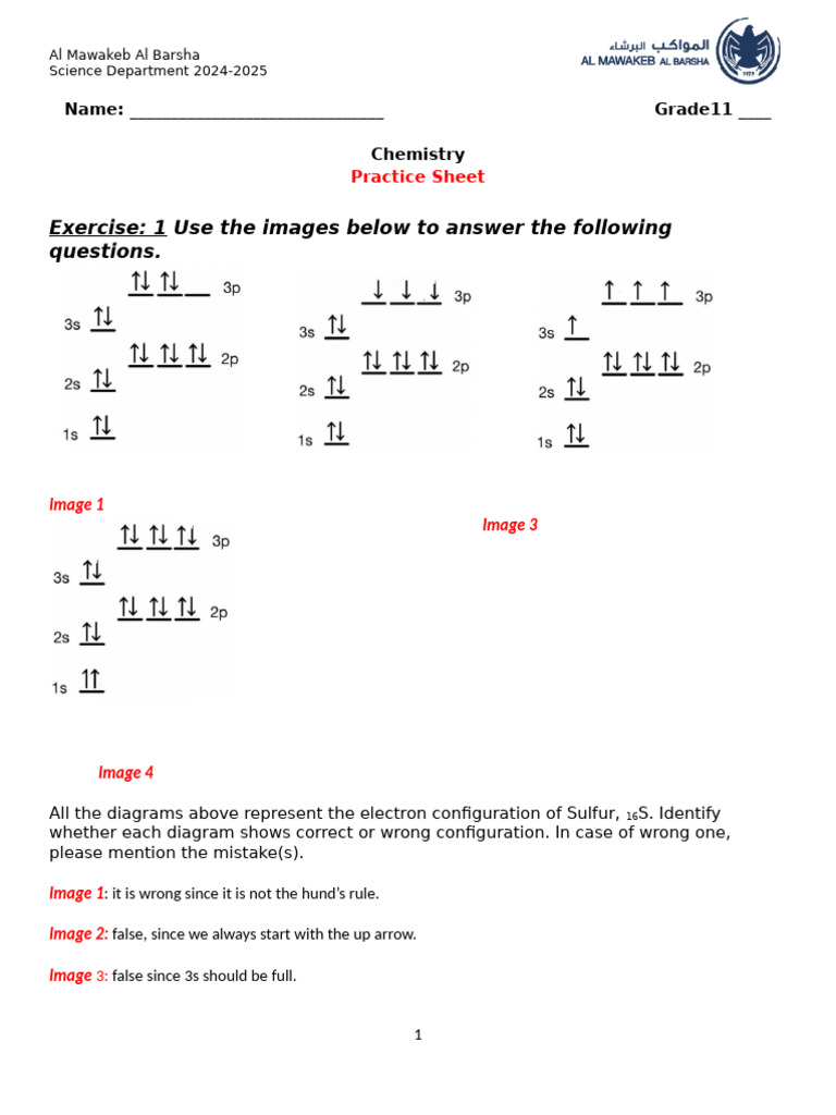 Chemistry Practice Sheet for Grade 11 | PDF | Electron Configuration ...