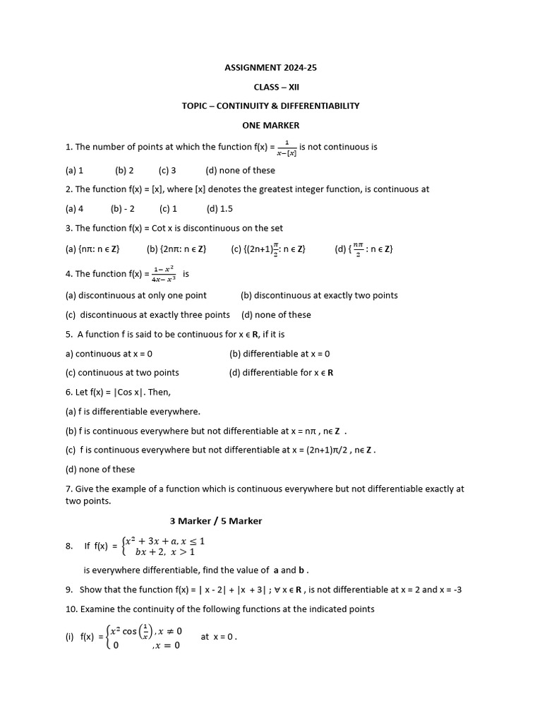 Assignment Continuity& Differentiability 2024-25 | PDF | Function (Mathematics) | Elementary ...
