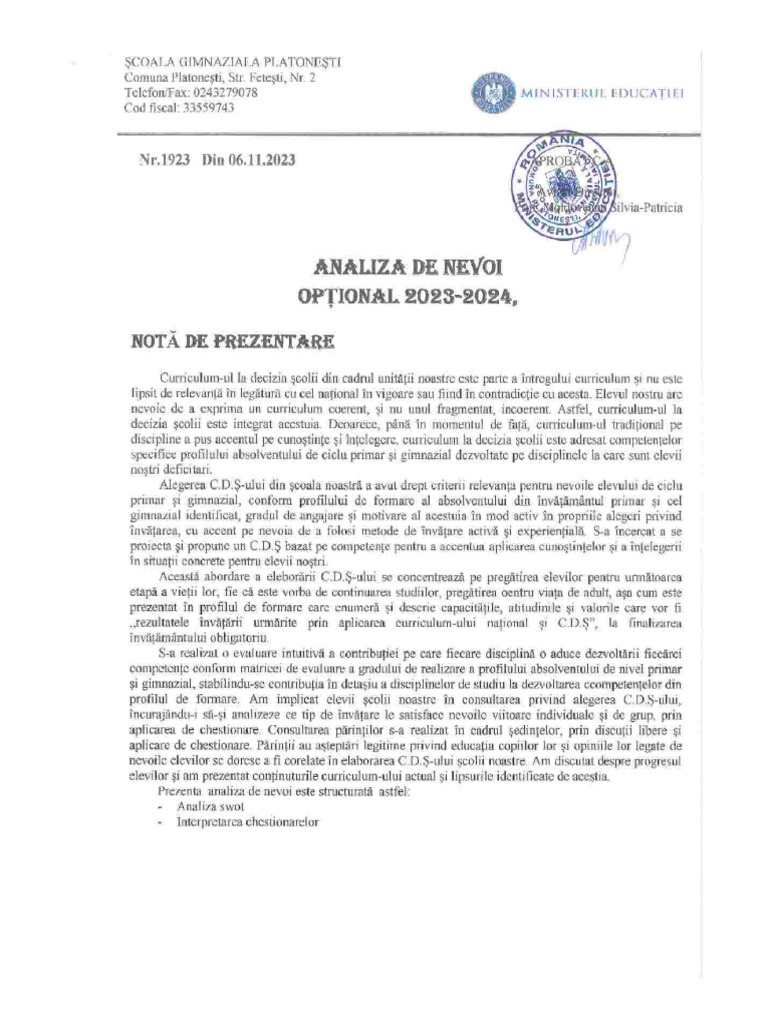 Analiza de Nevoi Optional 2023-2024 | PDF